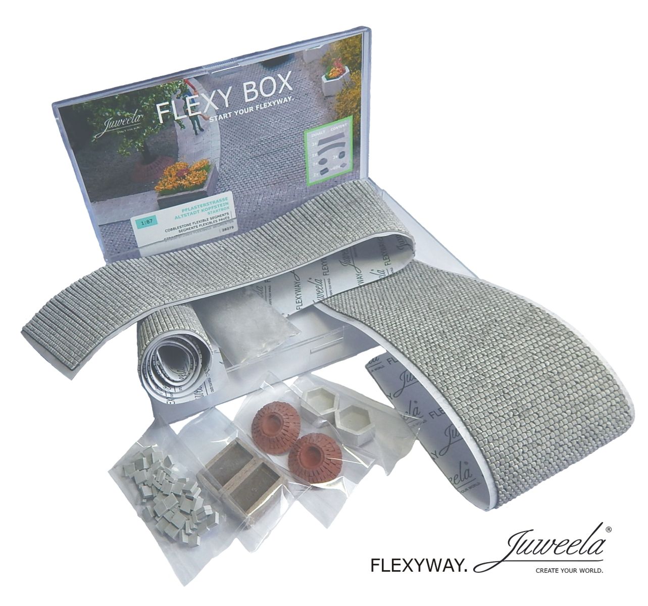 Juweela 28275 - FLEXY BOX Startbox Pflasterstraße Altstadt Kopfstein mit Zubehör, 1:87, H0